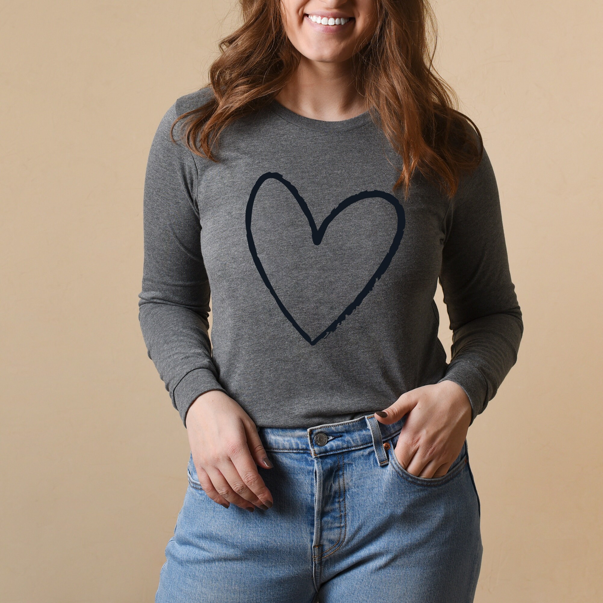 Heart Drawing Long Sleeve T shirt Love Graphic Tees For Women
