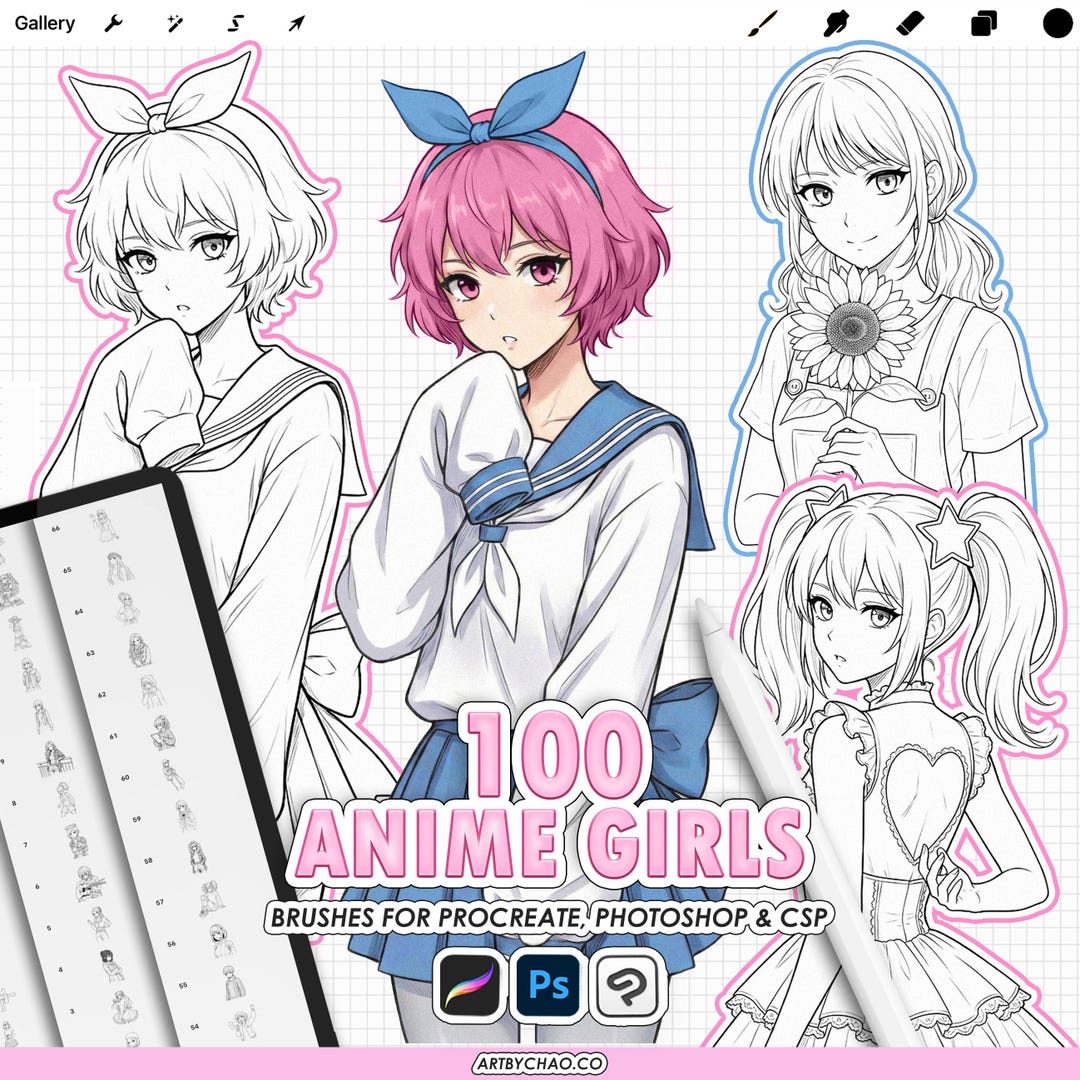 Procreate Anime Girls: 100 Manga Anime Line Art Girl Stamps (photoshop ...