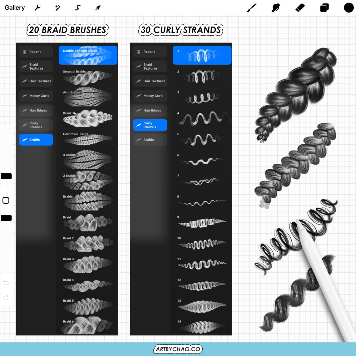 Procreate Afro Hair Brushes – 205 Curls, Braids, Textures, Hair Edges ...