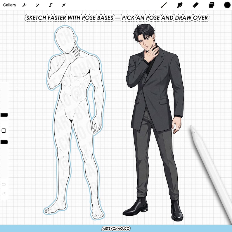 Procreate Anime Male Poses: 100 Boy Body Pose Base Stamps (photoshop ...