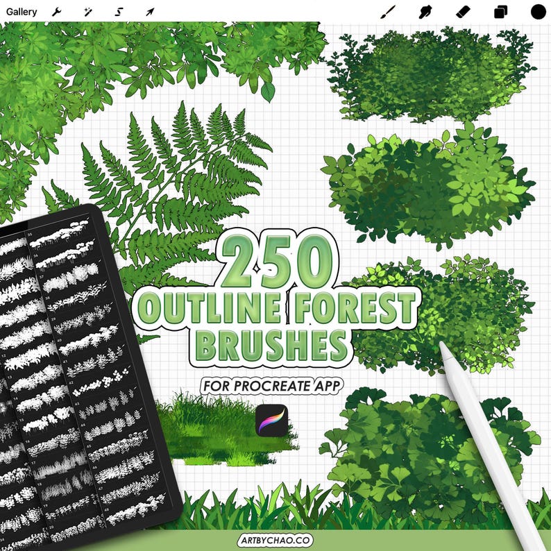 Procreate Outline Forest Brushes: 250 Nature Foliage, Branches, Trees ...