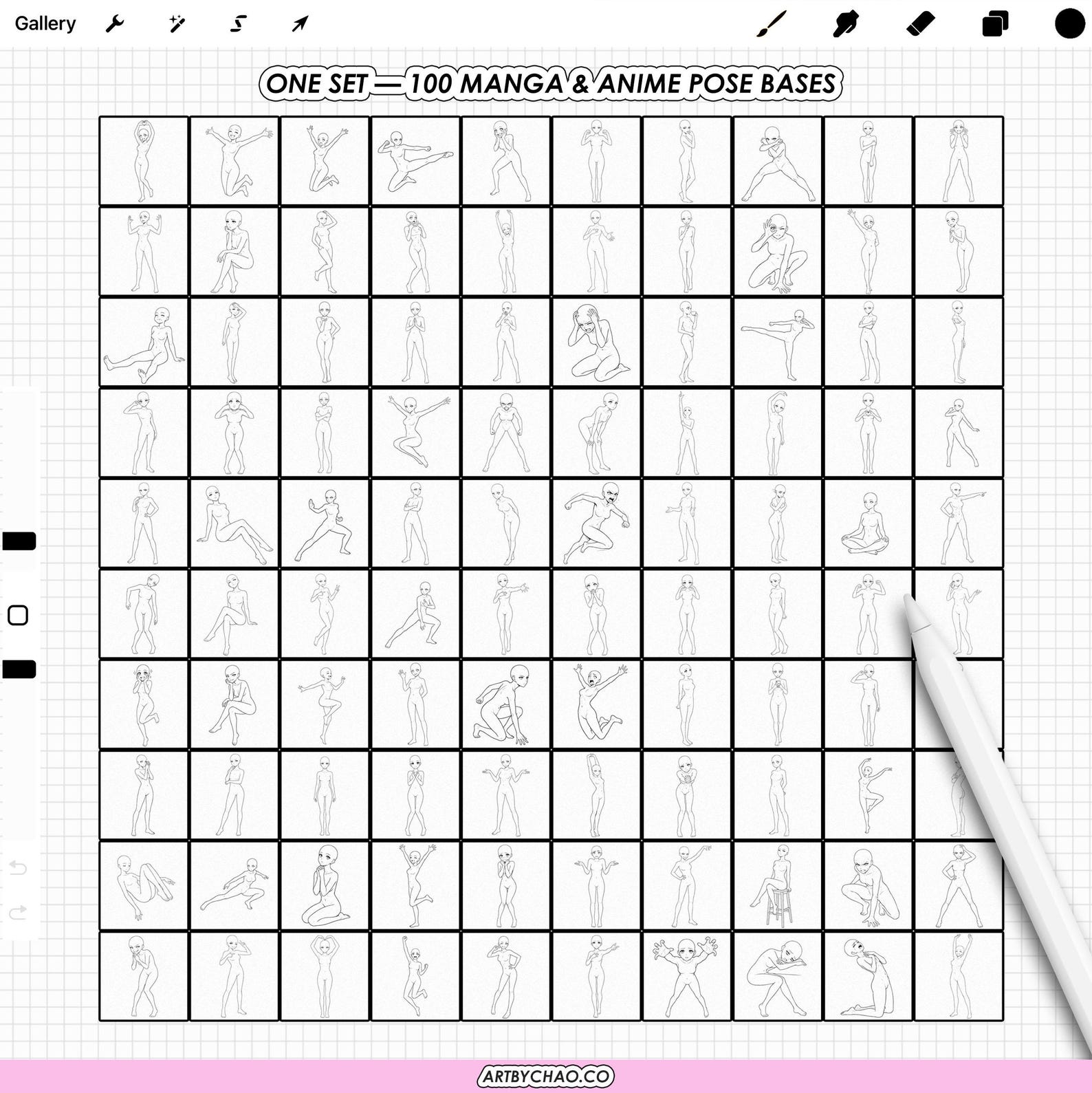 Procreate Manga Anime Poses: 100 Body Pose Base Stamps (photoshop & CSP ...