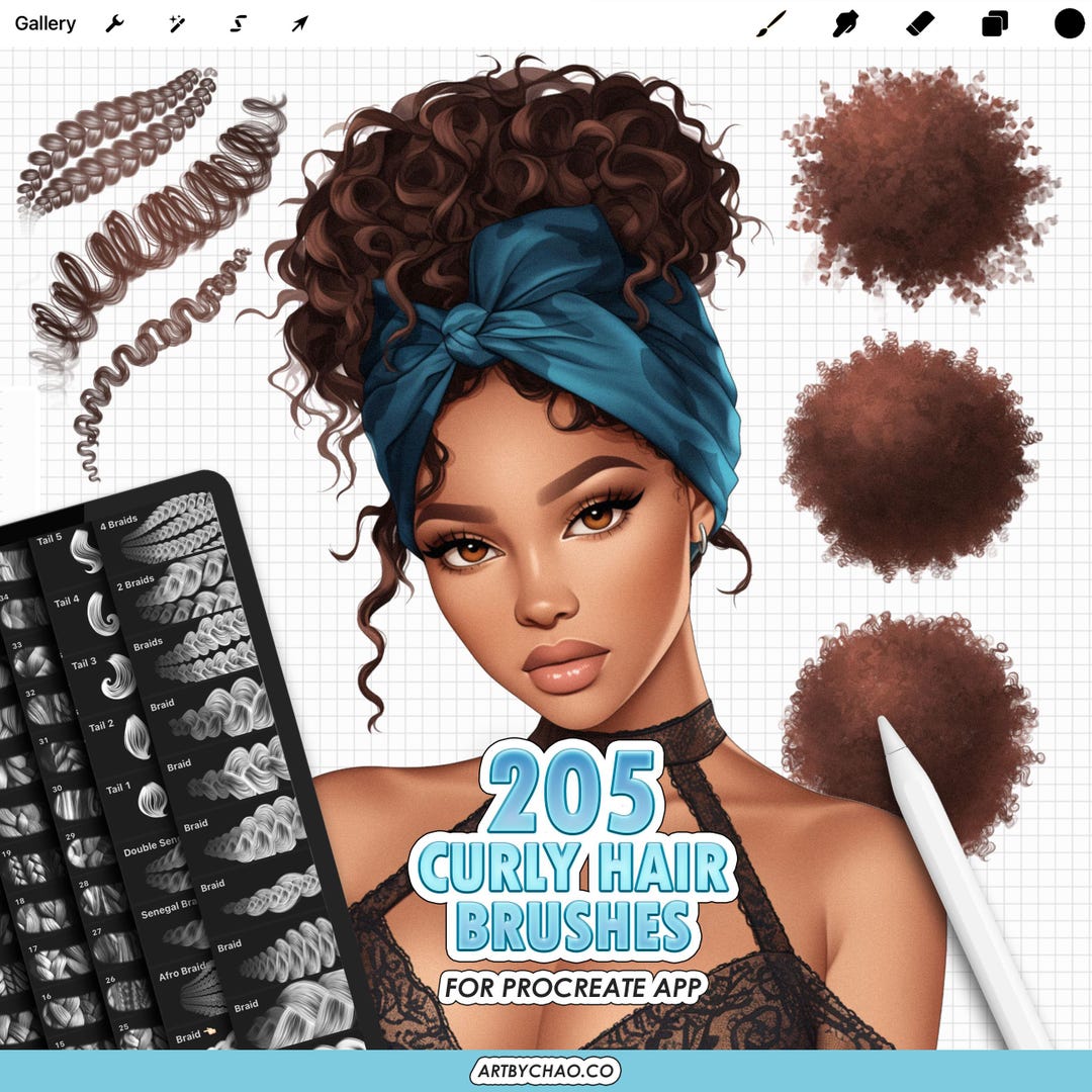 Procreate Afro Hair Brushes – 205 Curls, Braids, Textures, Hair Edges ...