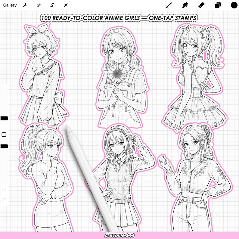 Procreate Anime Girls: 100 Manga Anime Line Art Girl Stamps (photoshop ...