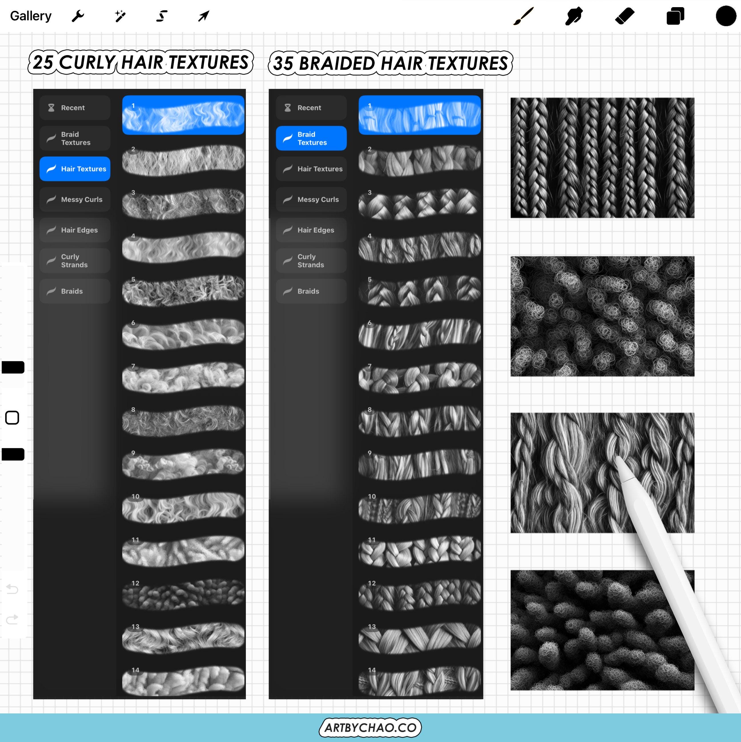 Procreate Afro Hair Brushes – 205 Curls, Braids, Textures, Hair Edges ...