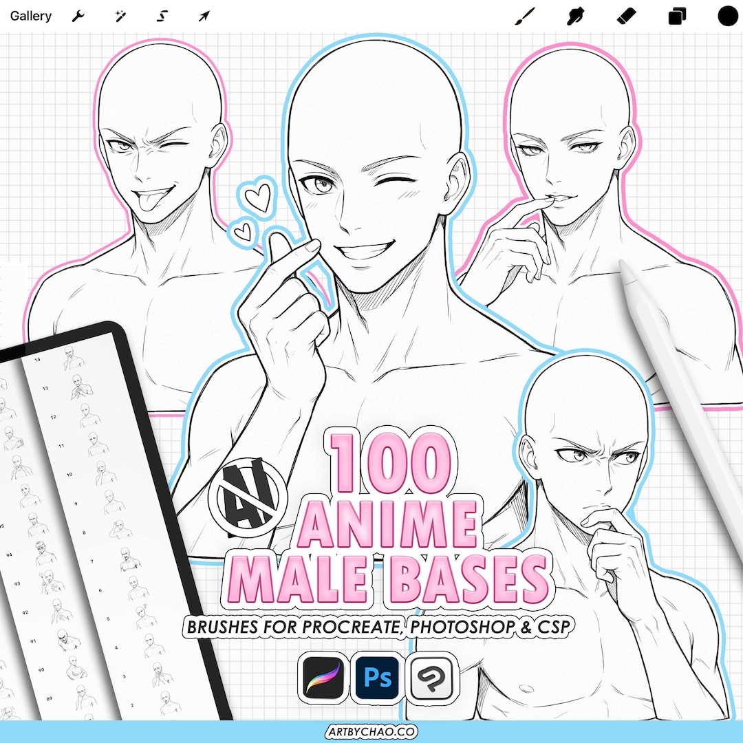 Procreate Manga Anime Male Bases: 100 Pose and Expression Stamps ...