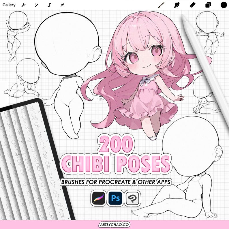 Procreate Chibi Base Poses: 200 Chibi Character Body Stamps (photoshop ...