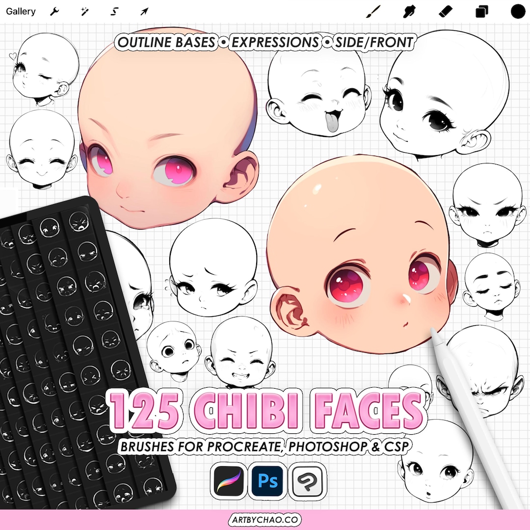 Procreate Chibi Face Stamps: 125 Outline Base Expressions, Anime ...