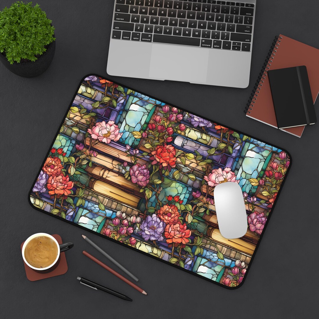 Stained Glass Desk Mat, Books Flowers Work Desk Pad, Desk Accessories ...