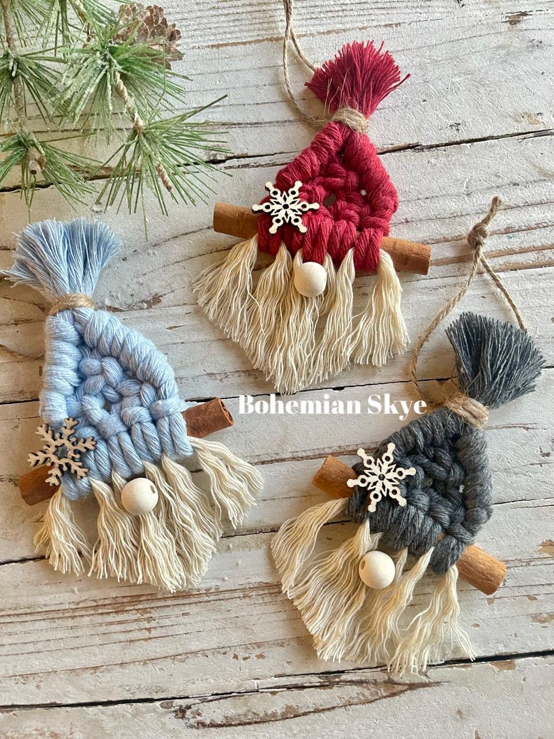 Macrame Gnome Cinnamon Stick Ornament, Gnome Ornaments, Holiday Decor ...