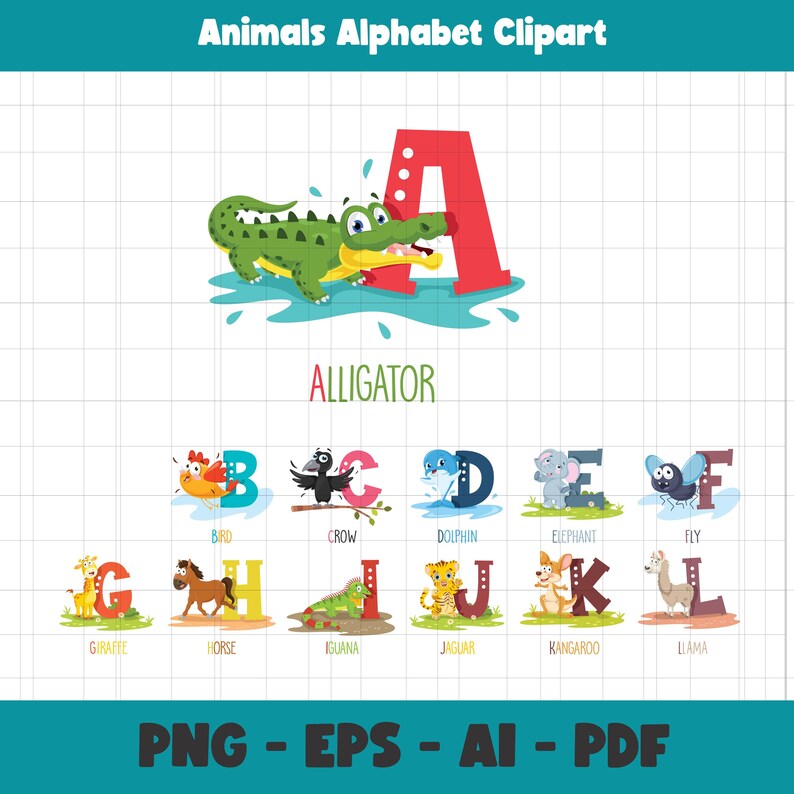 Animals Alphabet Clipart – A-Z Letters for Kids (png, Eps, Ai, Pdf) - Etsy