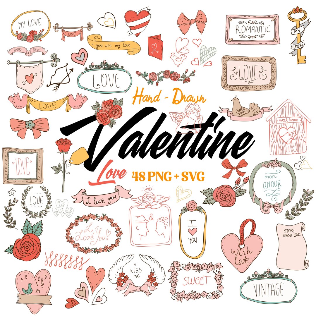 Hand-drawn Valentine Clipart | Romantic Doodle Illustrations (PNG + SVG ...