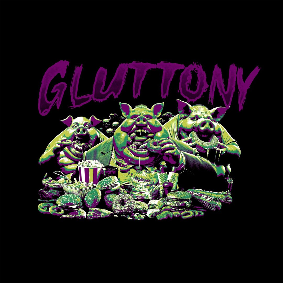 GLUTTONY – Digital T-shirt Design | Dark Humor Pig Illustration ...