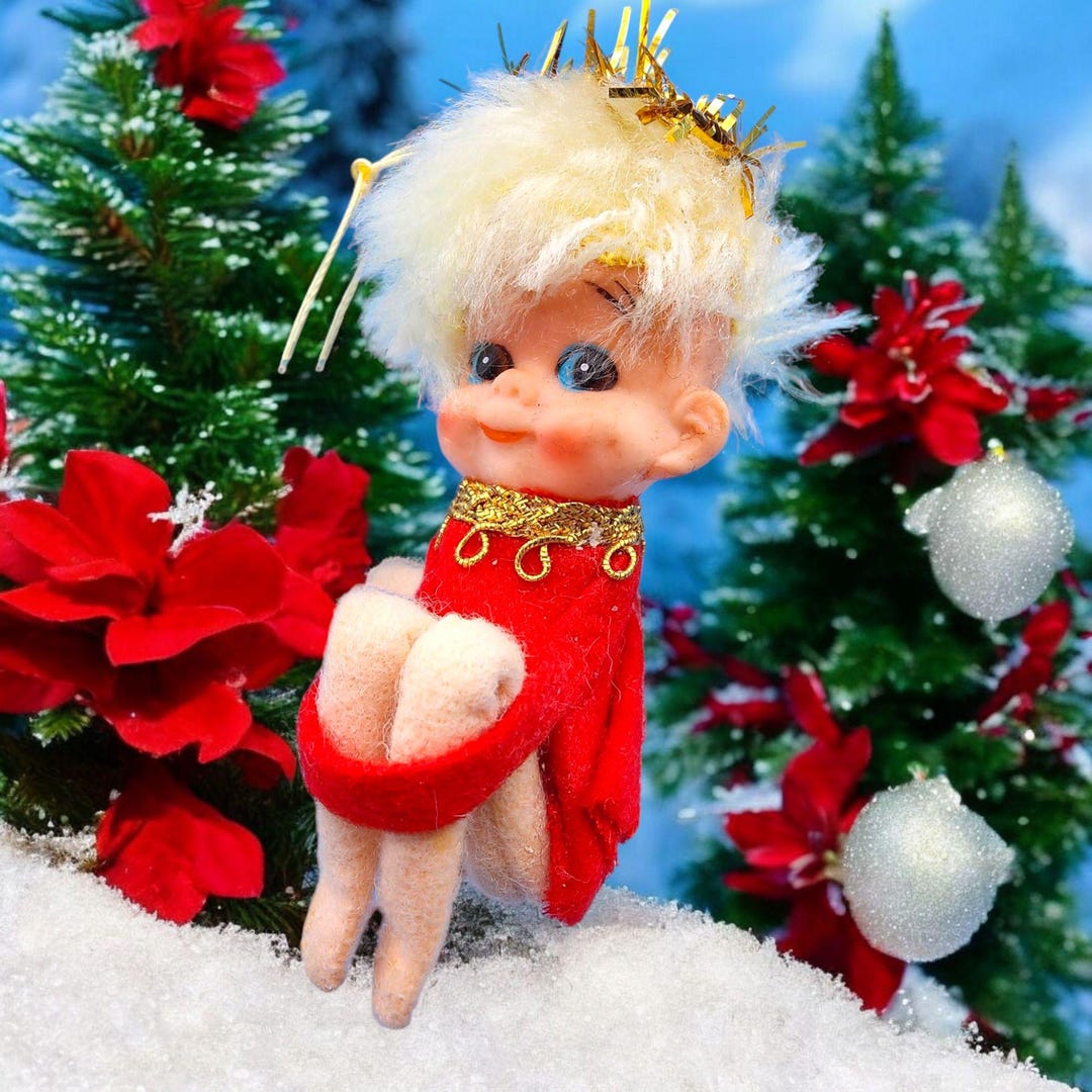 Vintage Pixie Angel Elf Knee Hugger Ornament Napco Tinsel Halo Red Felt ...