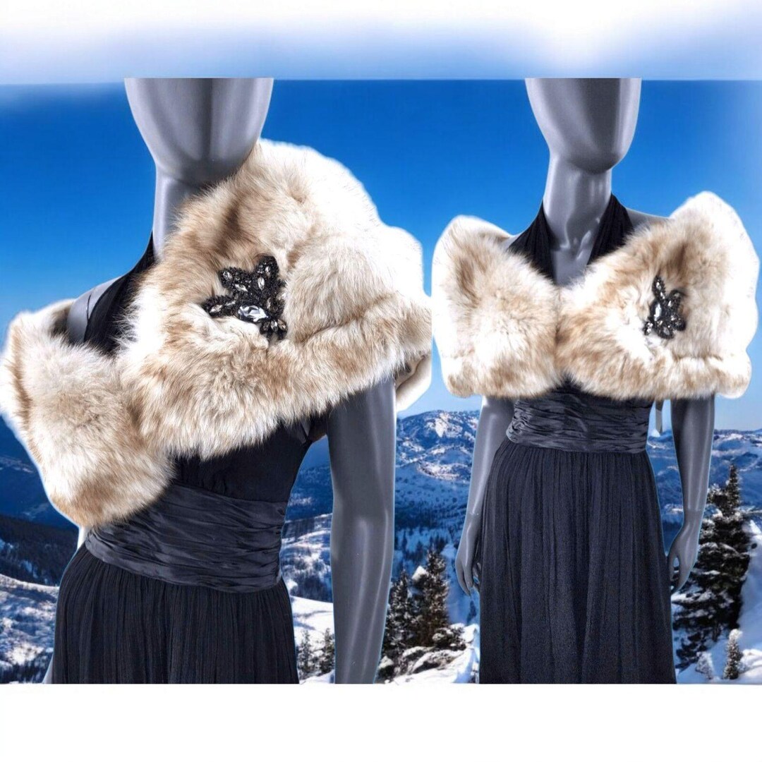 Vintage Fox Fur Stole Wrap Cloak Wedding Prom Event Cape S/M Black Tie ...
