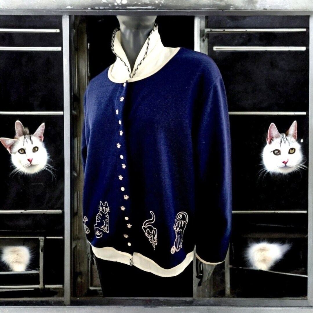 Cat Cardigan Sweater Embroidered Kitties Foot Prints Navy Blue White ...