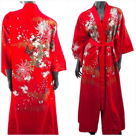 Japanese Butterfly Yukata Kimono Robe Red Floral Cott… - Gem