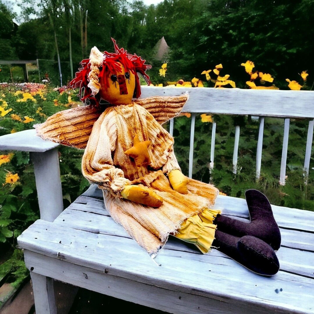 Primitive Angel Rag Doll Attic Baby Felt Nose Folk Art Star Button Eyes ...