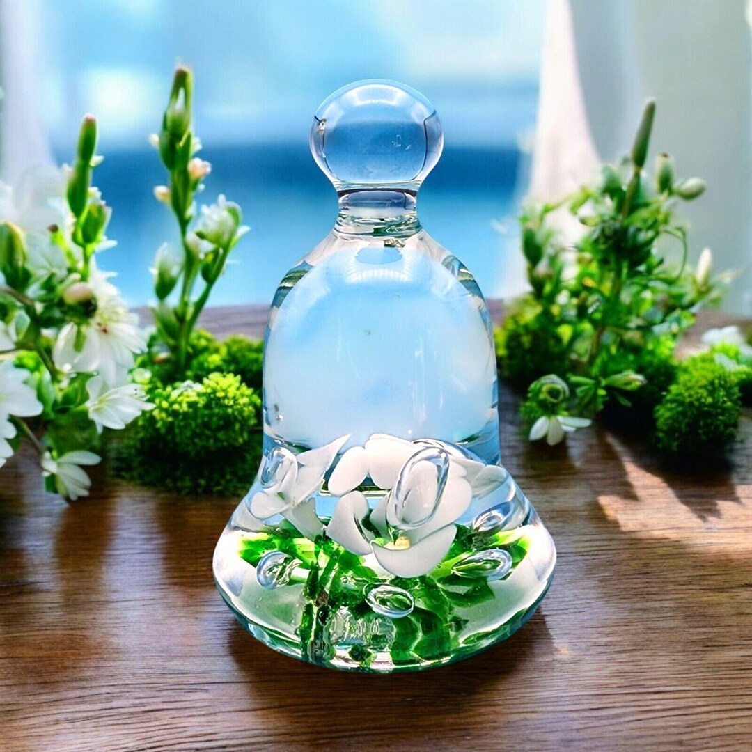 Joe St. Clair Art Glass Bell Paperweight MCM Green White Floral Bubbles ...