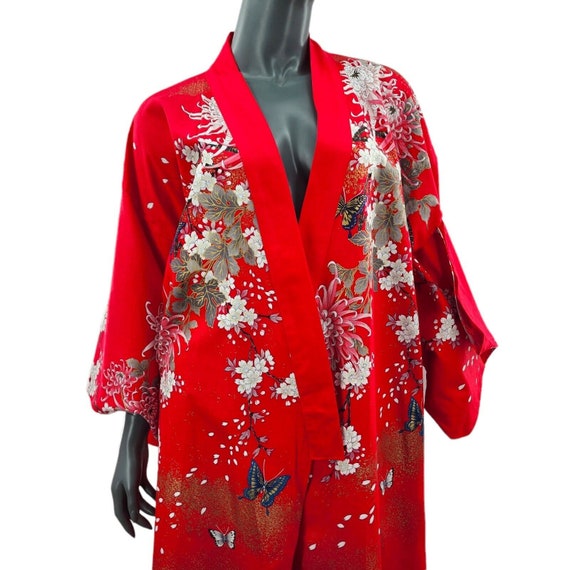 Japanese Butterfly Yukata Kimono Robe Red Floral Cott… - Gem