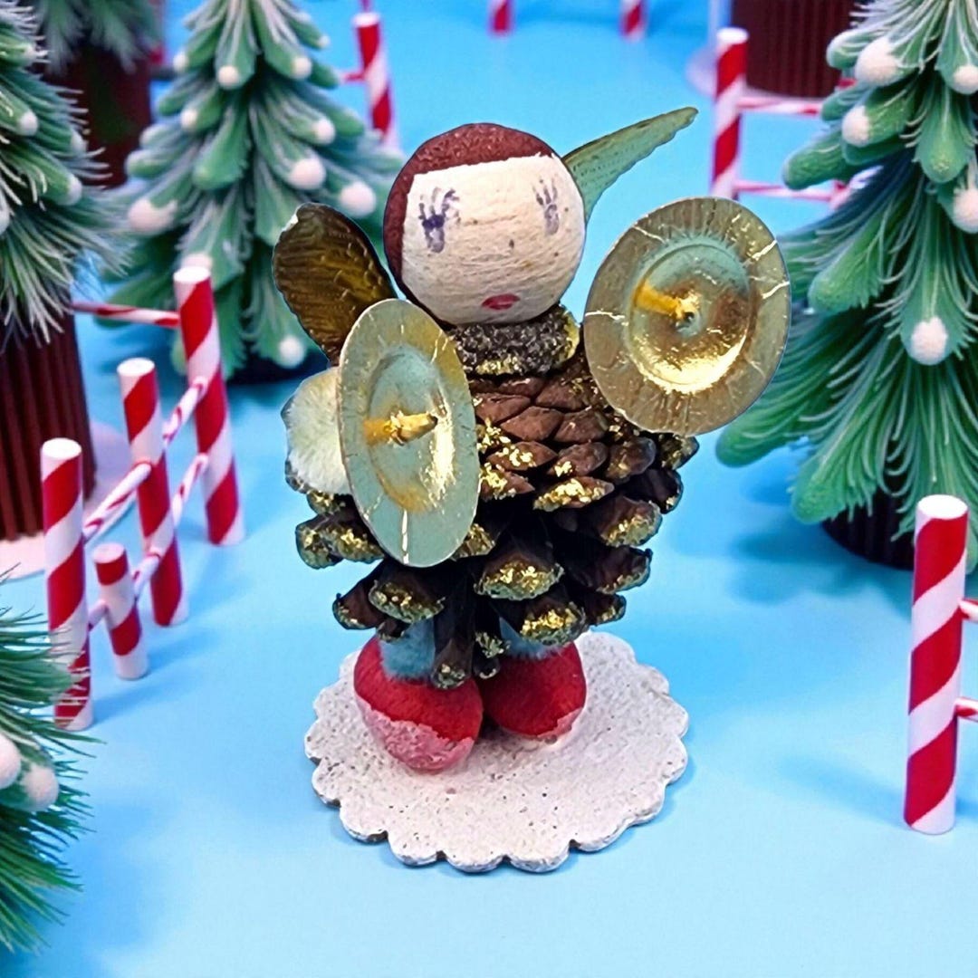 Vintage Putz Angel Ornament Pinecone Chenille Gold Foil Cymbals Mica ...