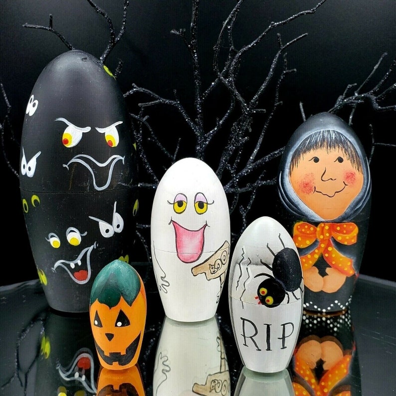 Halloween Nesting Dolls Creepy Eyes Kitchen Witch Ghost Tombstone ...