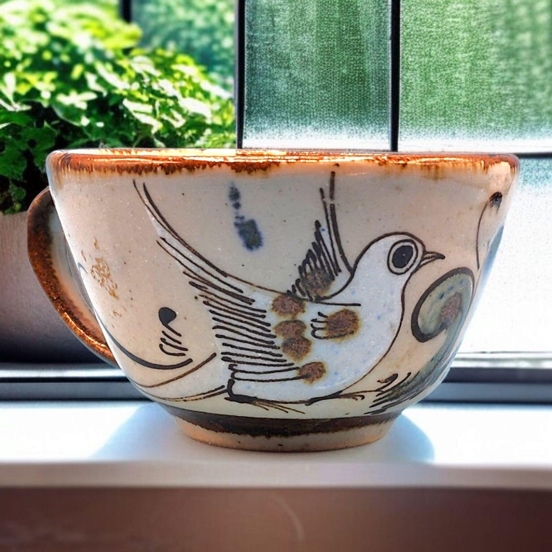Ken Edwards Stoneware Pottery Cup Bird Floral Pattern Signed - Etsy
