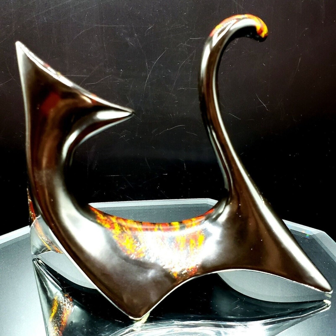 Vintage MCM Cubist Cat Figurine Abstract Drip Glaze Orange Red Yellow ...