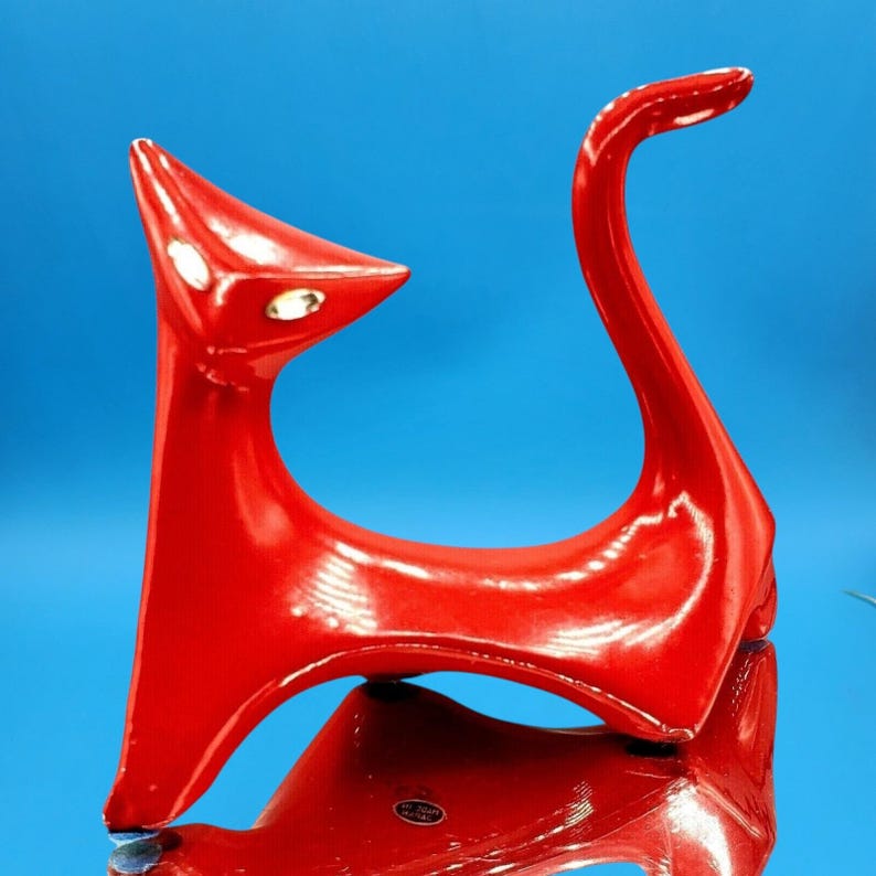 Mid Century Modern Cubist Cat Figurine Red Clear Jewel Eyes Abstract ...