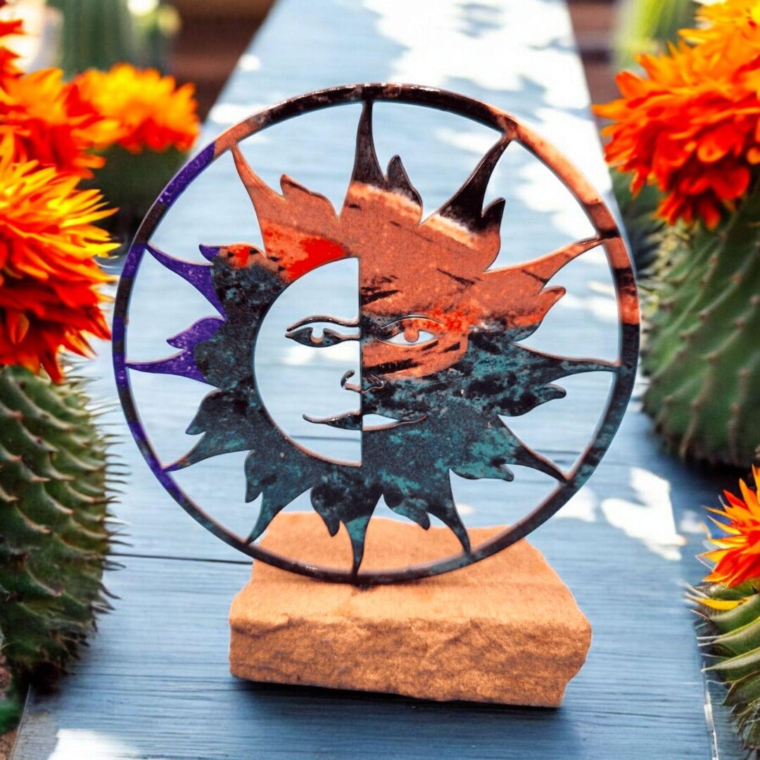 Metal Sun & Moon Face Décor Art Sculpture on Stone Base Weathered ...