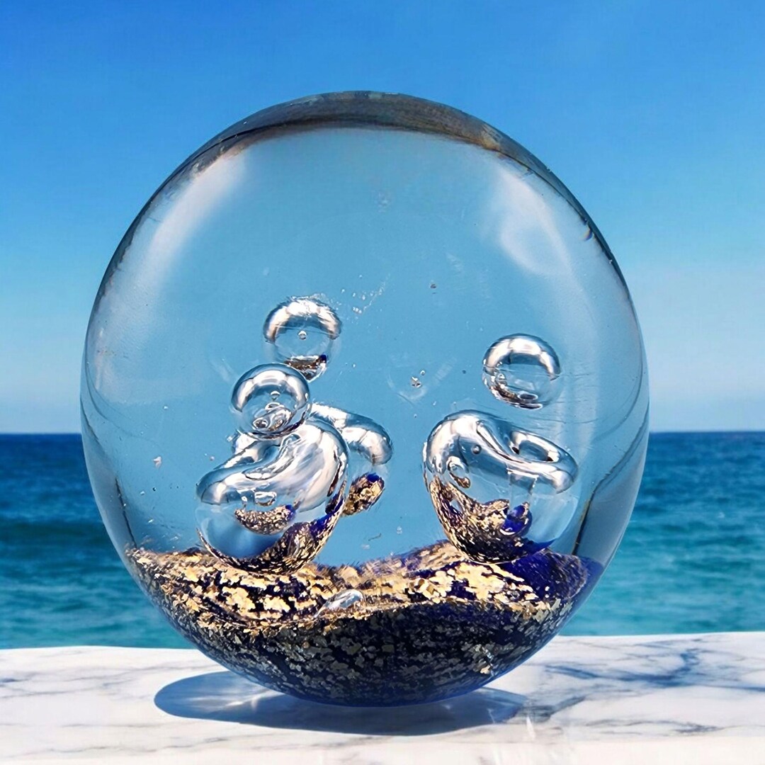 Art Glass Controlled Bubbles Abstract Paperweight Purple & Gold Leaf ...