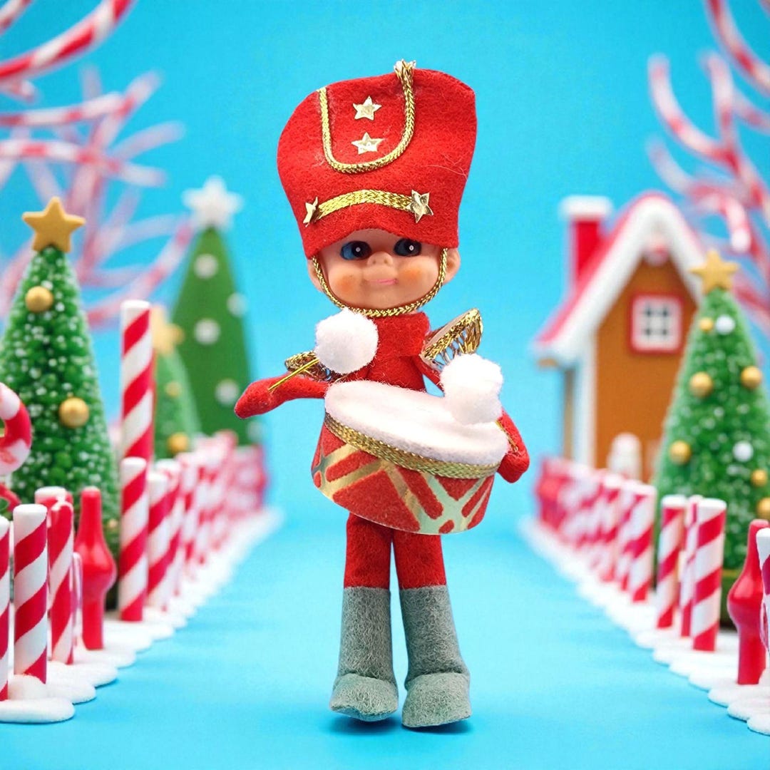 Vintage 1960s Drummer Boy Ornament • Red Felt Toy Soldier With Drum ...