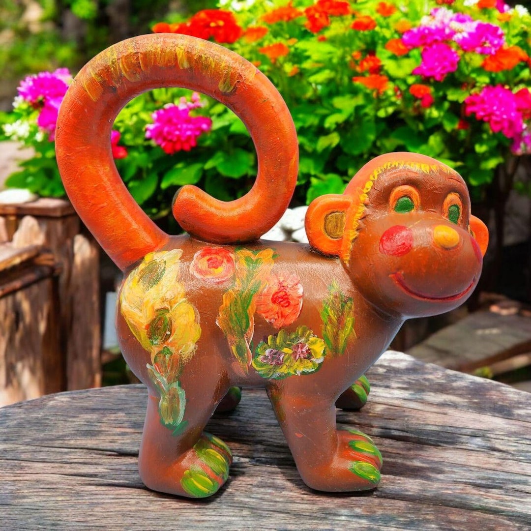 Hand-painted Monkey Figurine With Floral Accents - Decorative Folk Art ...