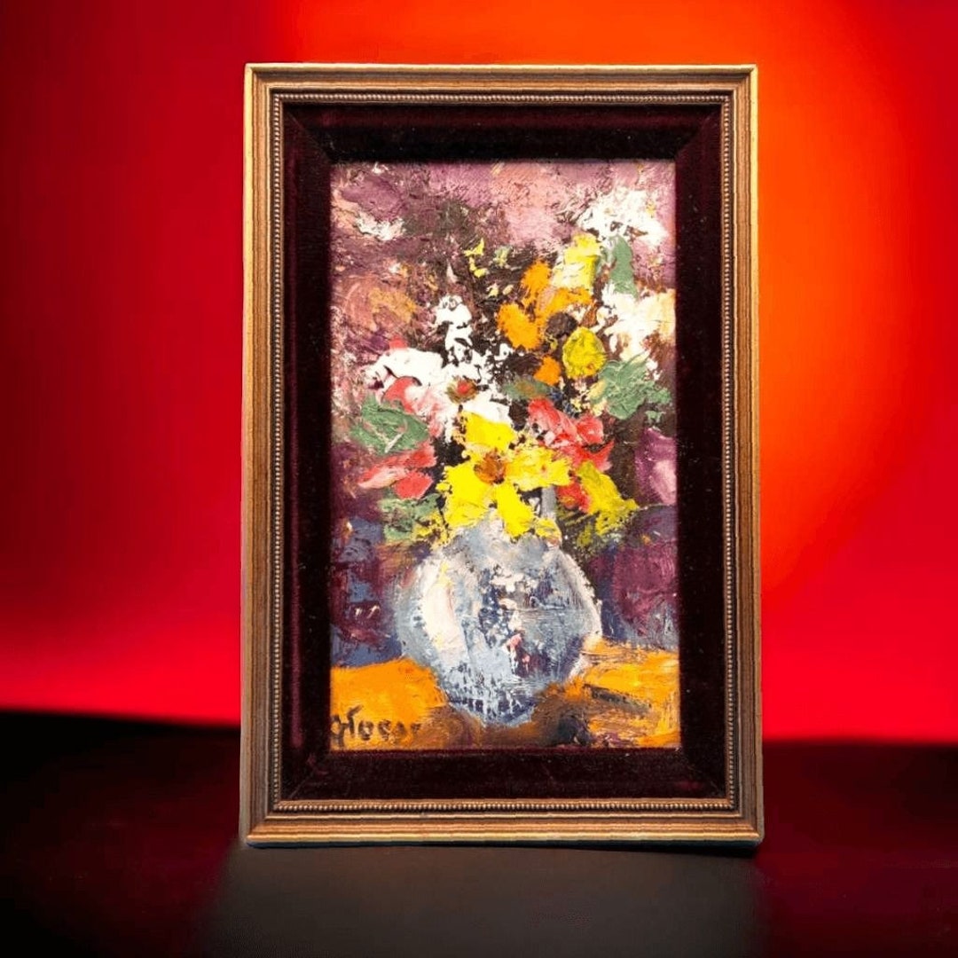 Abstract Floral Oil Painting Artist Signed Velvet Matt Framed MCM Style ...