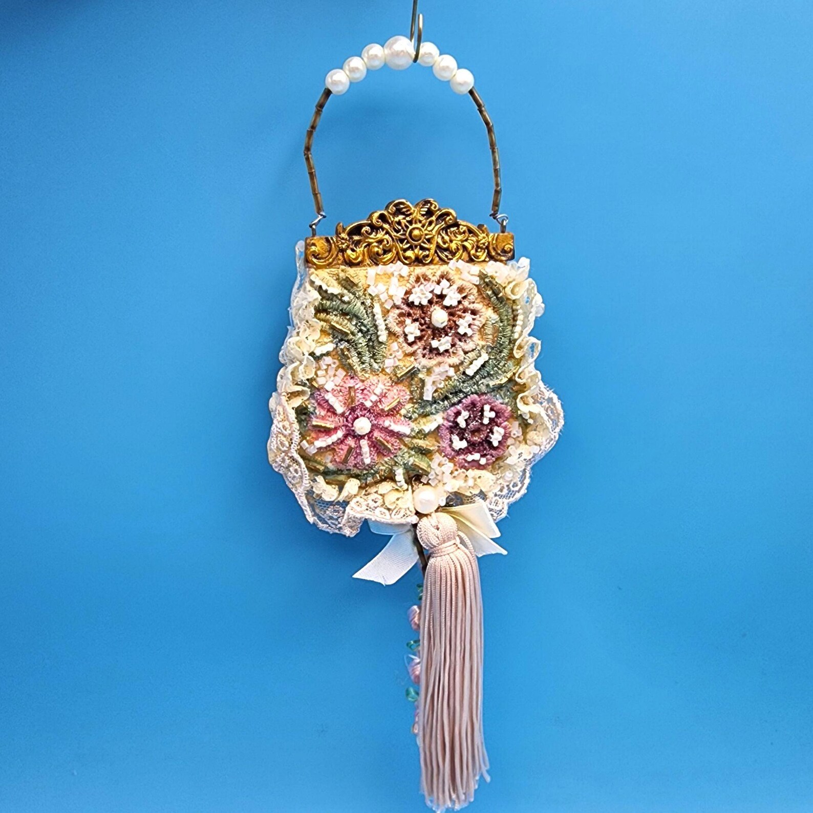 Victorian Purse Ornament Lace Roses Tassel Beaded Pearl Handle Bride ...