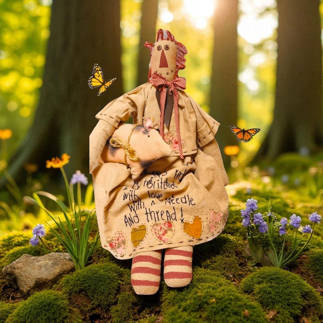 Rag Doll Attic Baby Button Eyes Embroidered Flowers Triangle Nose Red ...