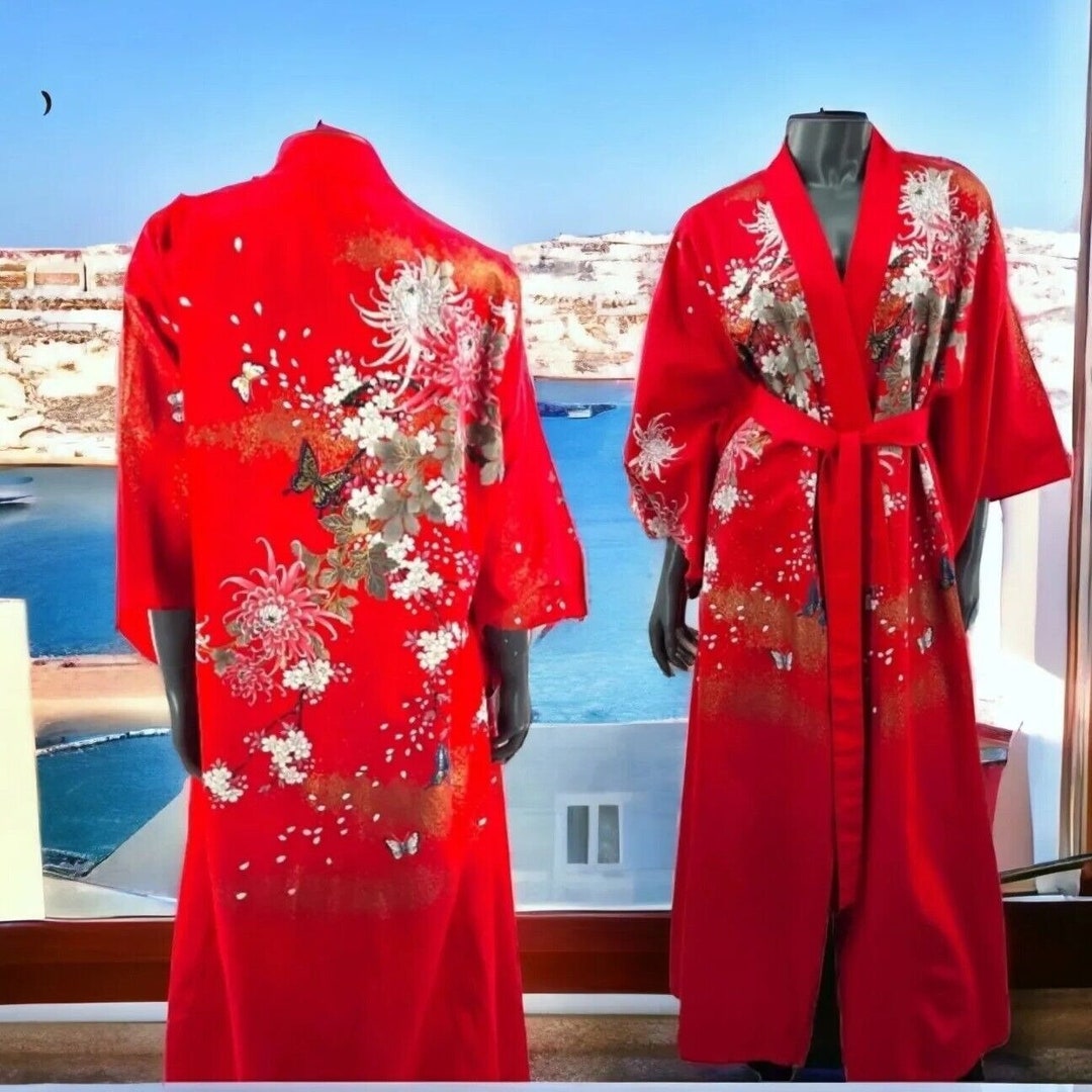 Japanese Butterfly Yukata Kimono Robe Red Floral Cotton One Size With ...