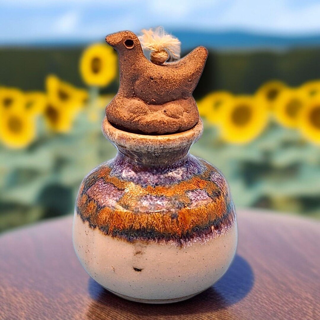 Stoneware Pottery Miniature Oil Lamp With Bird Stopper & Wick Artist ...