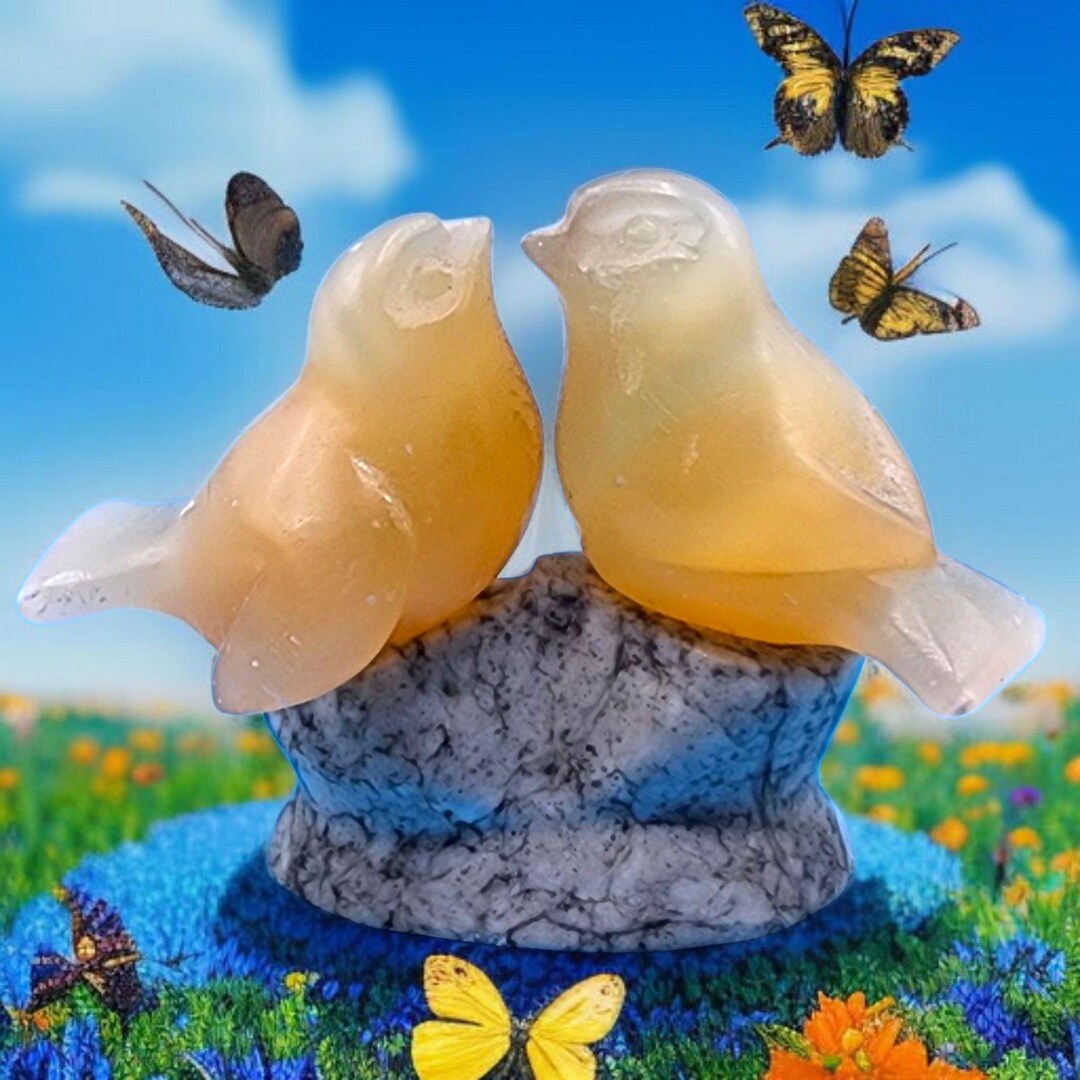 Love Birds Sculpture of Gypsum Selenite Satin Spar on Marble Base Hand ...