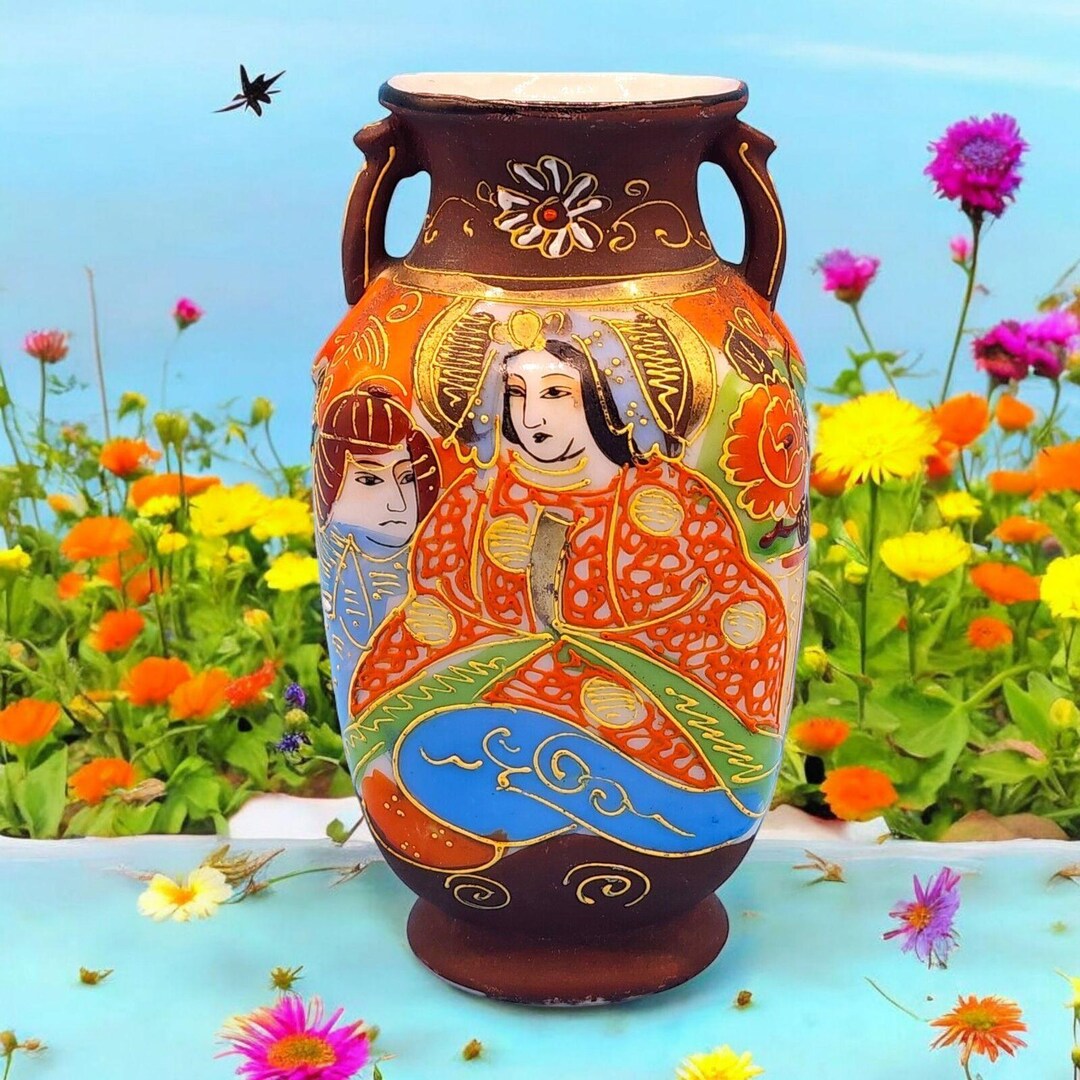 Vintage Satsuma Geisha Moriage Vase With Handles Raised Texture Japan ...