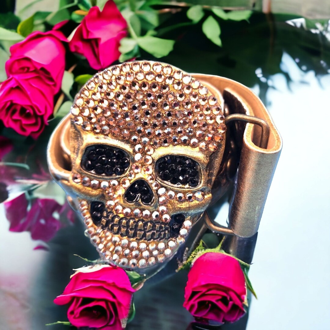 Bridget Shuster Skull Belt Rhinestones Gold Genuine Leather With Rivets ...