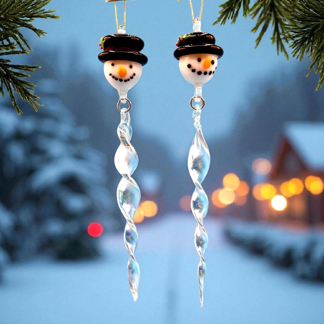 Art Glass Snowman Icicle Ornaments • Iridescent Murano Style Lampwork ...