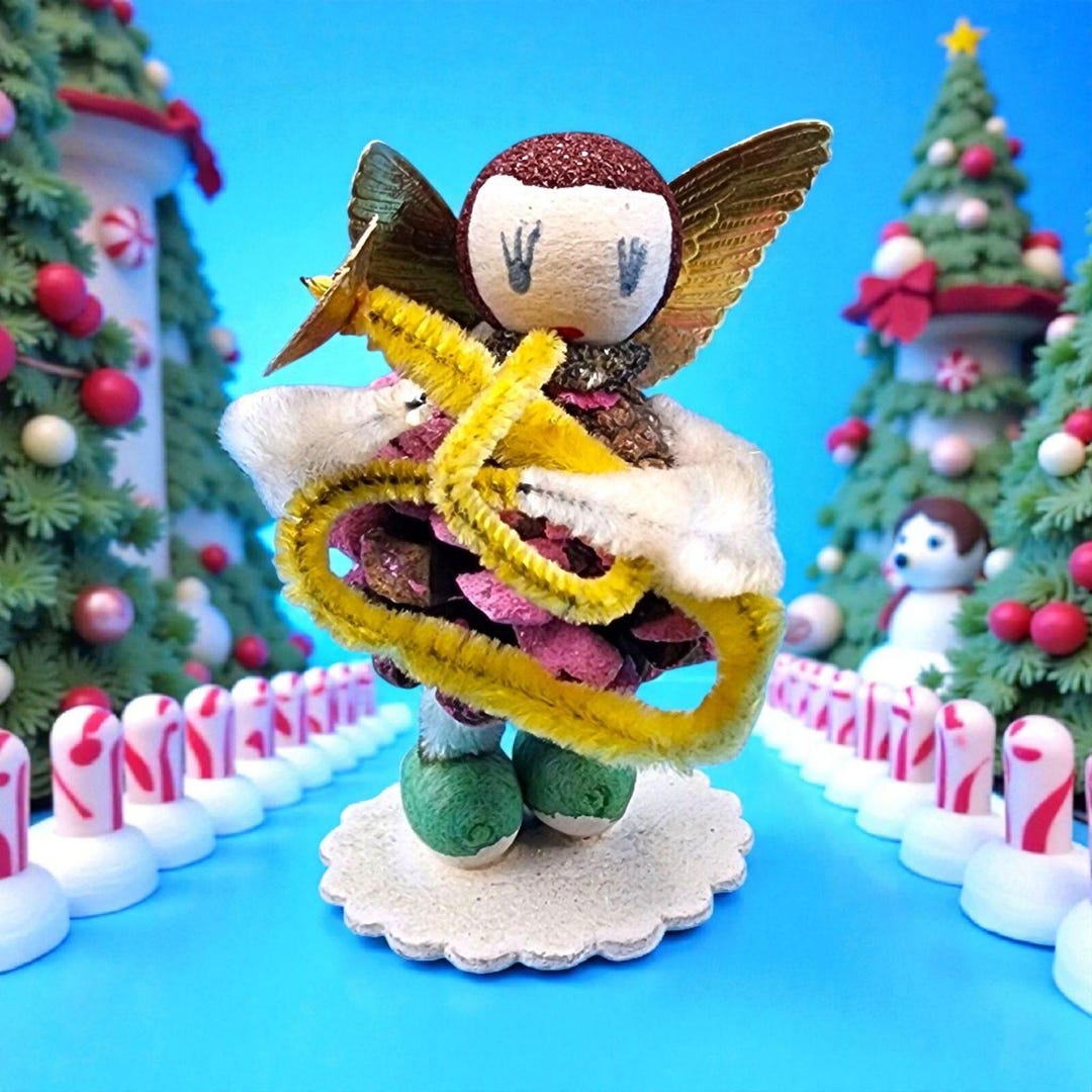 Vintage Putz Angel Ornament Pinecone Chenille Gold Foil Horn Mica Snow ...
