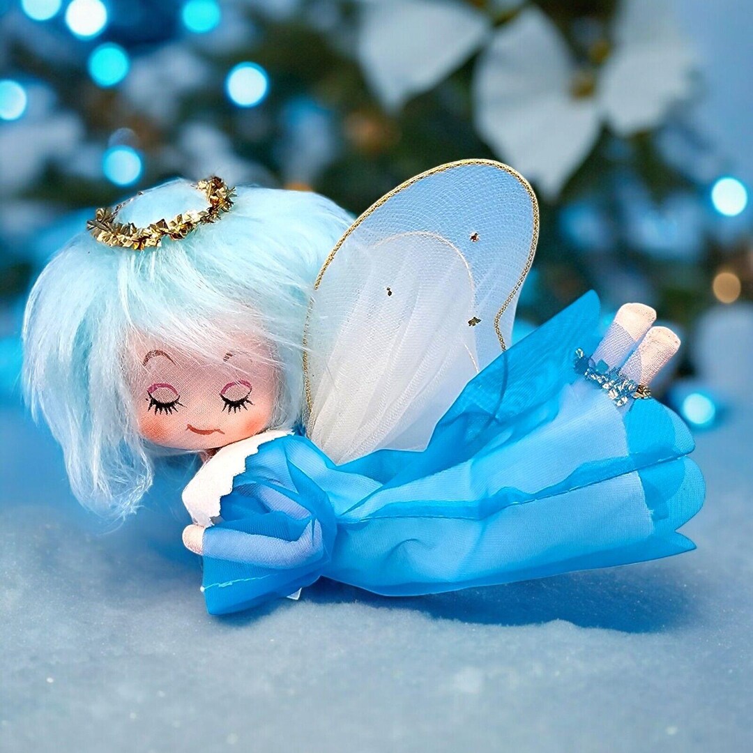Vintage Blue Hair Angel Ornament Japan Tulle Wings Pixie Fairy ...
