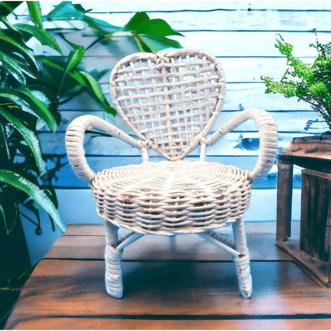Vintage White Wicker Doll Chair • Heart Back Miniature Furniture ...