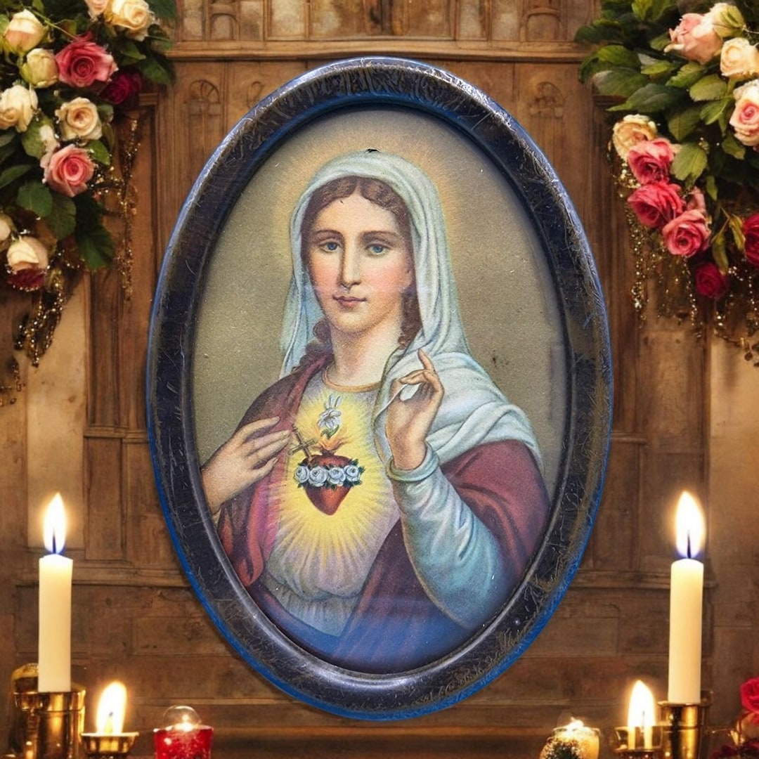 Antique Immaculate Heart of Mary Print in Oval Metal Frame Virgin Mary ...