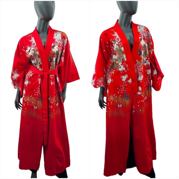 Japanese Butterfly Yukata Kimono Robe Red Floral Cott… - Gem