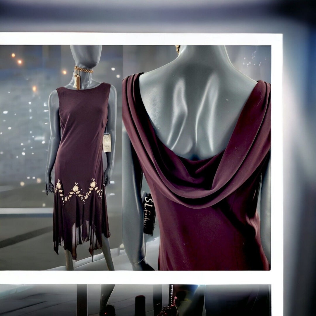 Drape Back Beaded Dress Embroidered Hankerchief Hem Brown 16 Evening ...