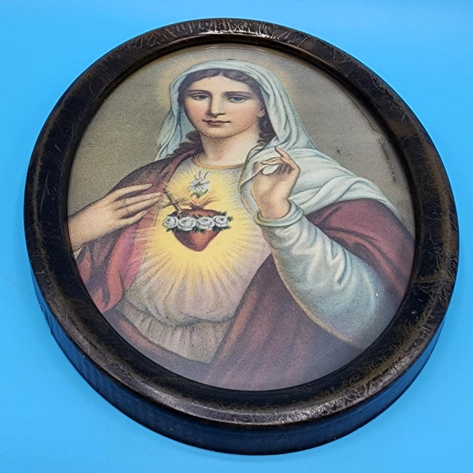 Antique Immaculate Heart of Mary Print in Oval Metal Frame Virgin Mary ...