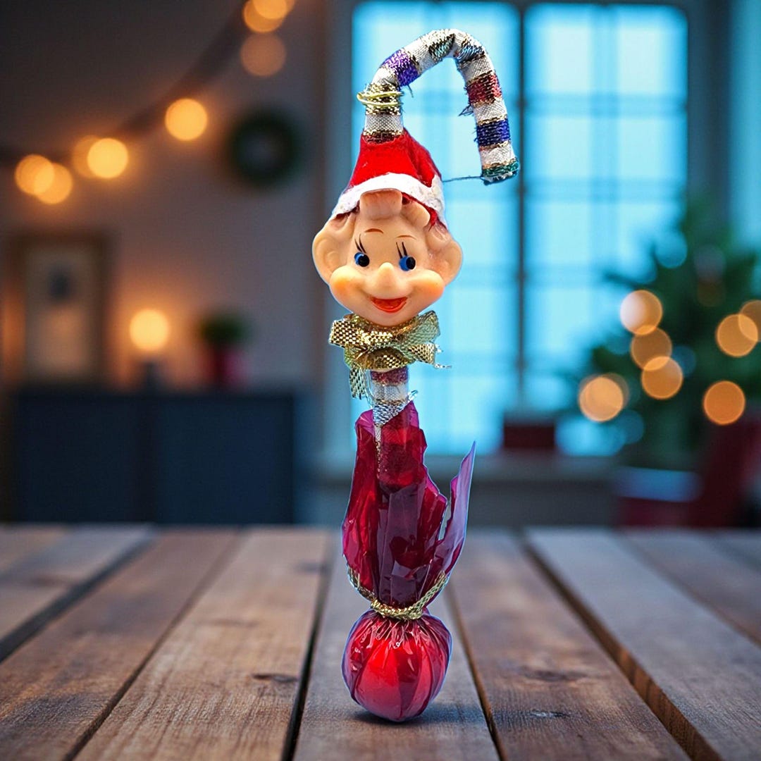 Vintage 1950s Elf Pixie Lollipop Ornament • Japan Rubber Head • Candy ...